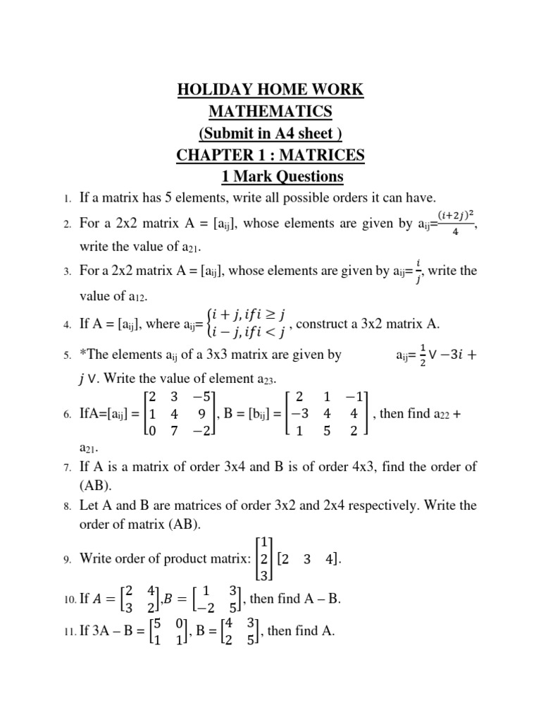Holiday Homework: Math Matrices | PDF | Matrix (Mathematics) | Functional Analysis