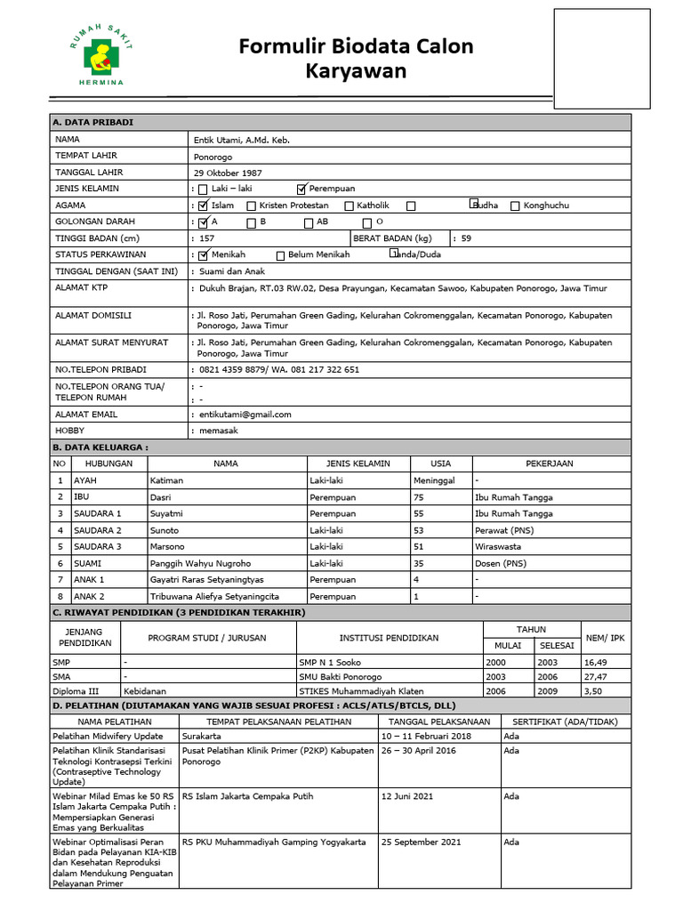 Form Biodata Calon Karyawan | PDF