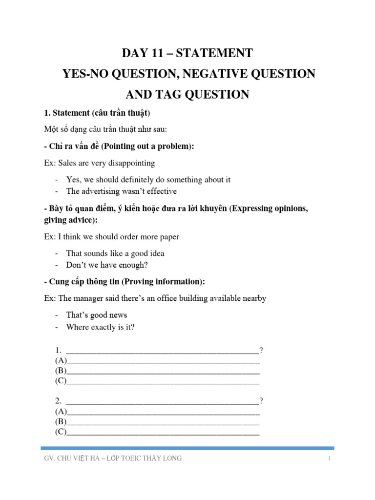 Day 11. Statement, Yes-No Question, Negative Question and Tag Question ...