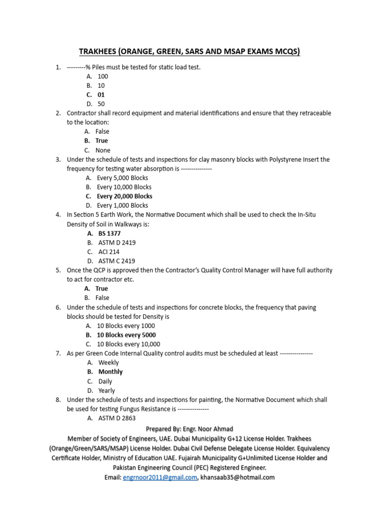 Trakhees Exam Questions and Guidelines | PDF | Dangerous Goods | Concrete