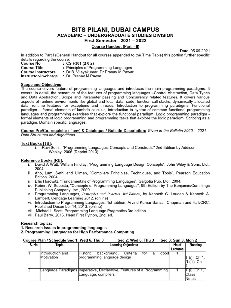 CS F301 Principles of Programming Languages I Sem 2021-22 HO | PDF | Scope (Computer Science ...