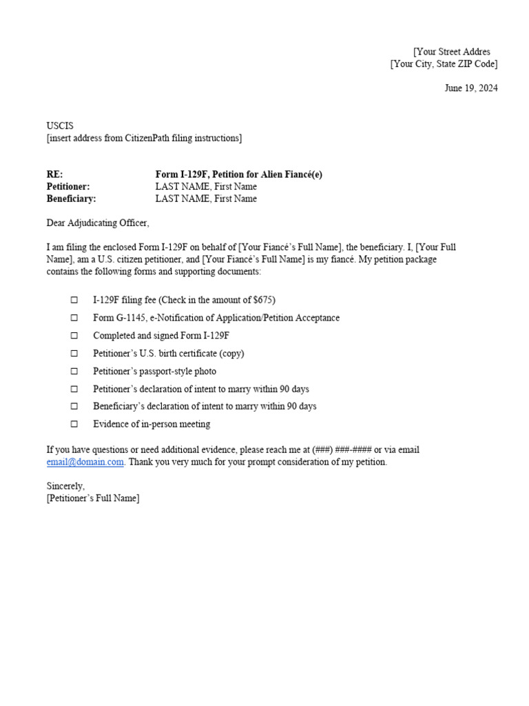 I 129F Cover Letter Template Fiance | PDF