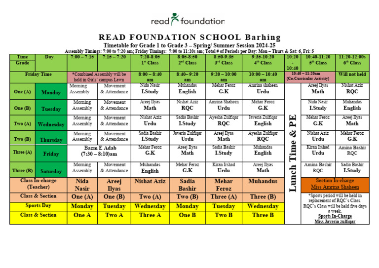 Standard Timetable For Grade 1 To 3 - Session 2023-24 | PDF