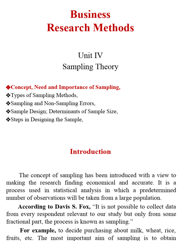 Unit IV | PDF | Sampling (Statistics) | Sample Size Determination