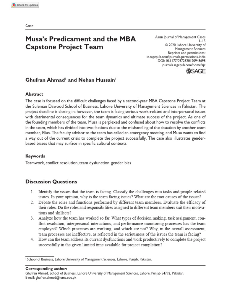 Musa's Predicament and The MBA Capstone Project Team: Ghufran Ahmad and ...