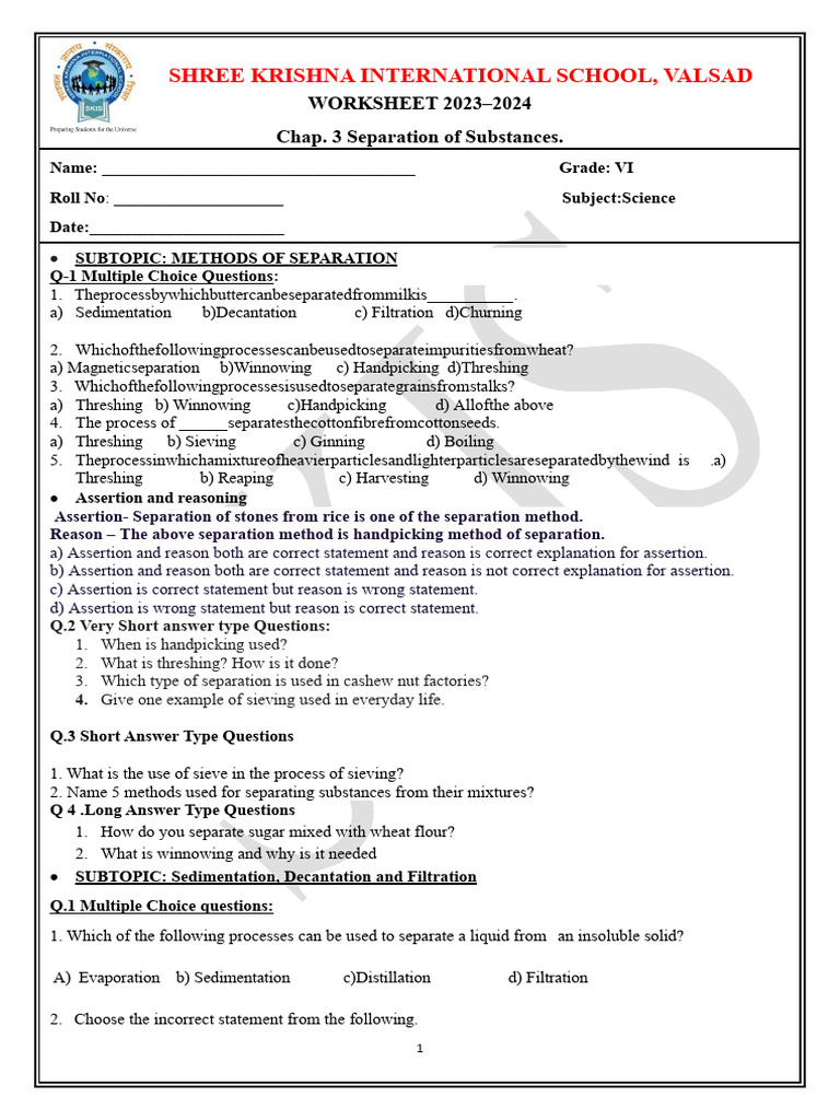 STD 6 CH 3 SEPARATION OF SUBSTANCES Worksheet | PDF | Water | Filtration