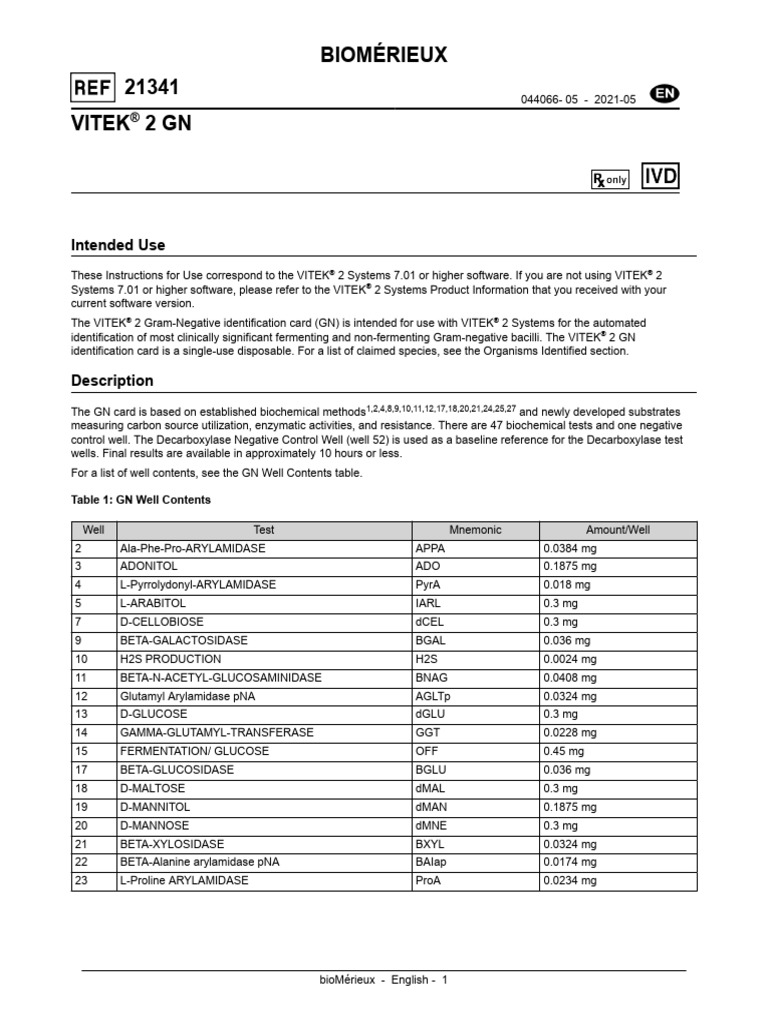 Biomérieux 21341 Vitek 2 GN: Intended Use | PDF | Salmonella | Microbiology