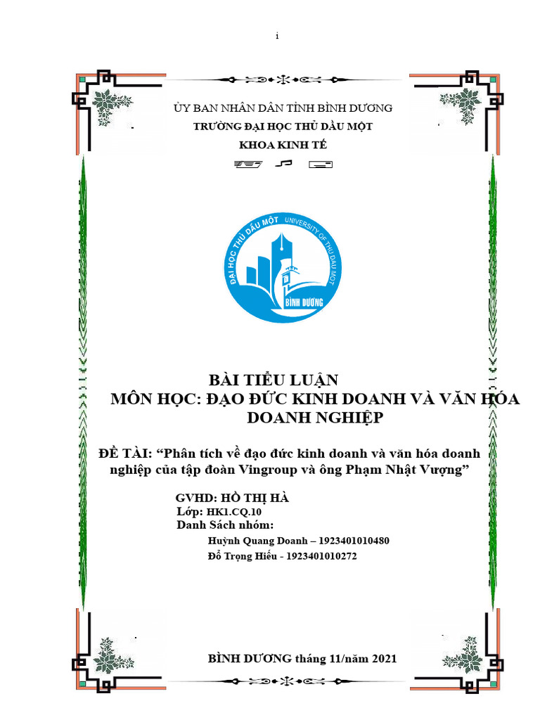 Huynh Quang Doanh 1923401010480 Tieu Luan Dao Duc Kinh Doanh Va Van Hoa ...