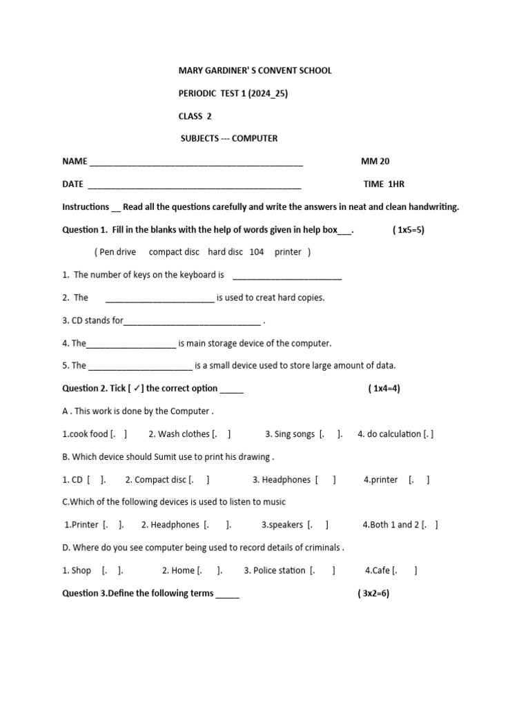 Class 2 PT 1 Computer Test Paper | PDF | Compact Disc | Usb Flash Drive