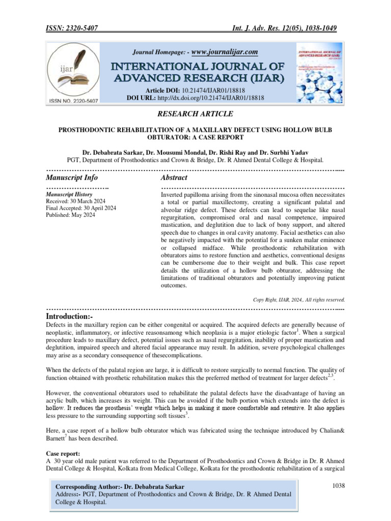 PROSTHODONTIC REHABILITATION OF A MAXILLARY DEFECT USING HOLLOW BULB ...