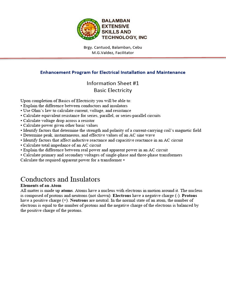 Information Sheet 1 Basic Electricity | PDF | Electrical Resistance And Conductance | Series And ...