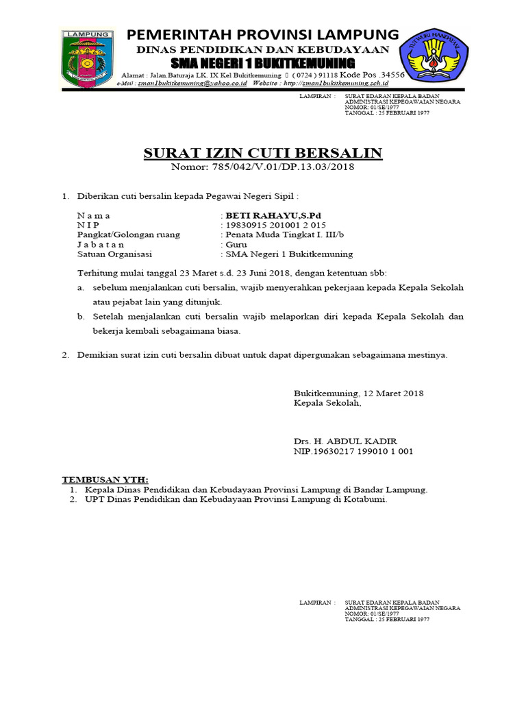 Surat Izin Cuti Bersalin PNS Lampung | PDF