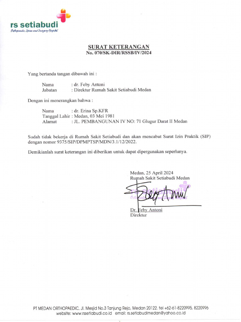 Surat Keterangan DR Erina SPKFR | PDF