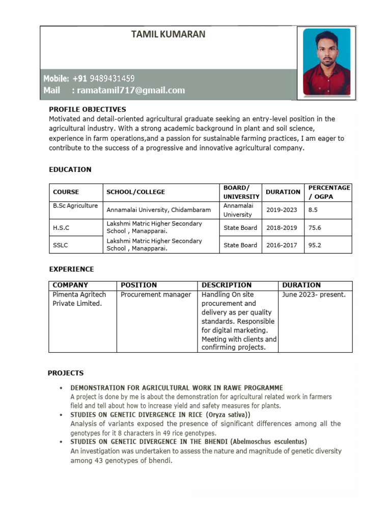 Tamil Kumaran - Resume - PDF - 1) | PDF | Agriculture | Rice