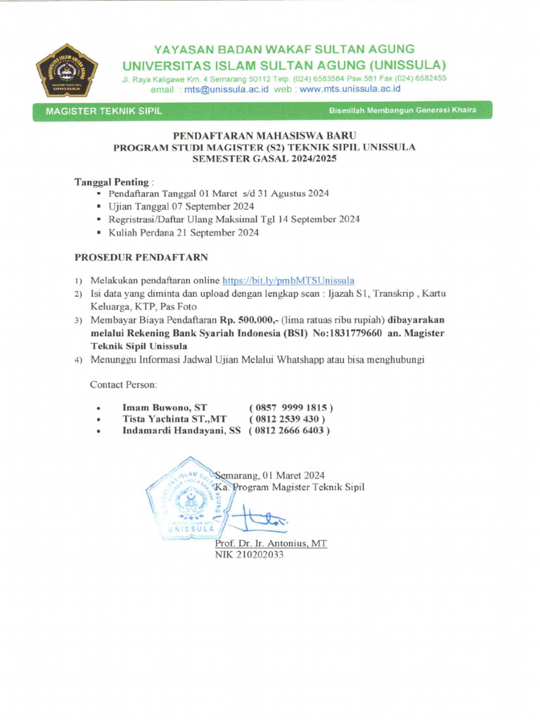 MAGISTER TEKNIK SIPIL UNISSULA PMB MTS Reguler Gasal (2024-2025) | PDF