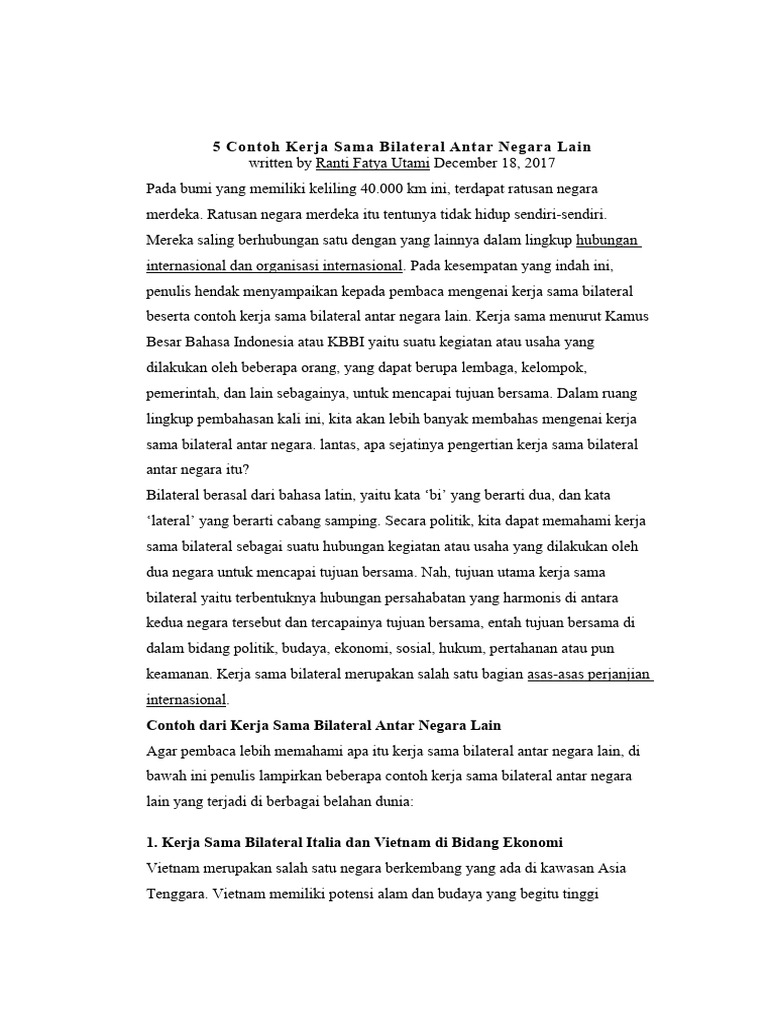 5 Contoh Kerja Sama Bilateral Antar Negara Lain | PDF