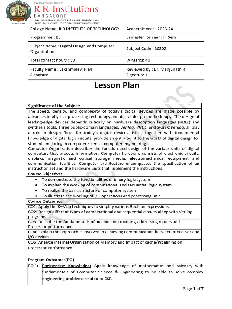 Lesson Plan - 3rd - CSE - DDCO - BS302 | PDF | Engineering | Digital Electronics