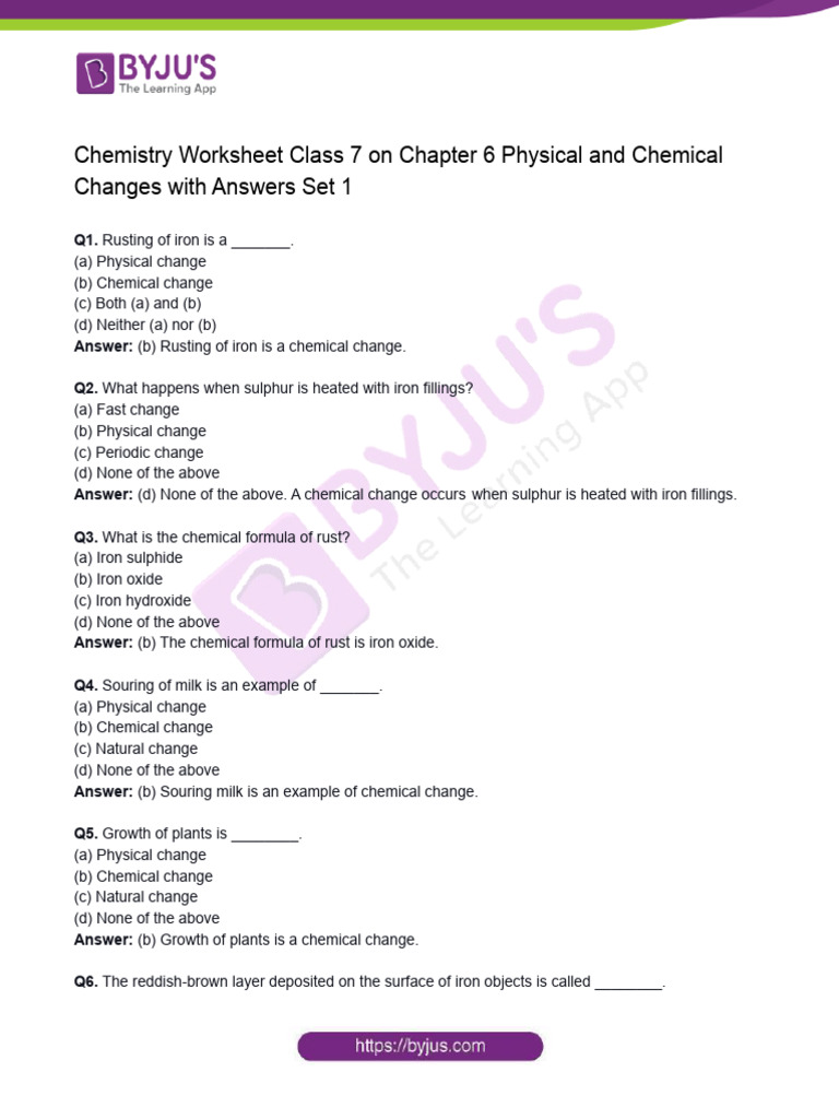 Chemistry Worksheet Class 7 On Chapter 6 Physical and Chemical Changes ...