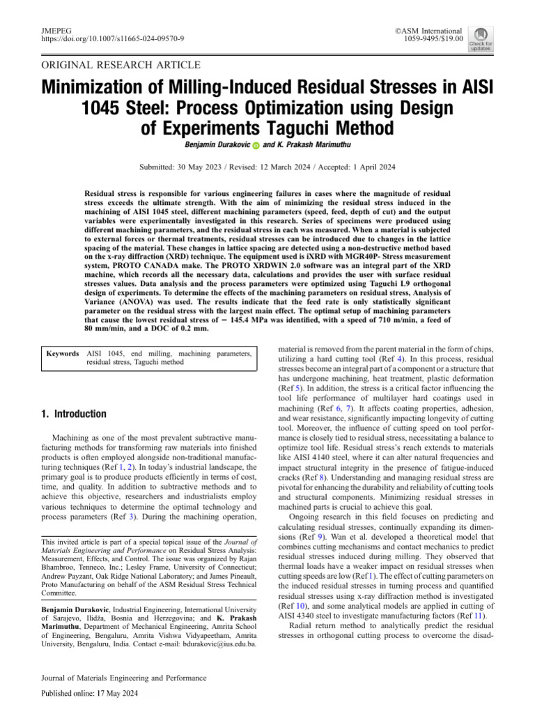 Minimization of Milling-Induced Residual Stresses in AISI 1045 Steel ...
