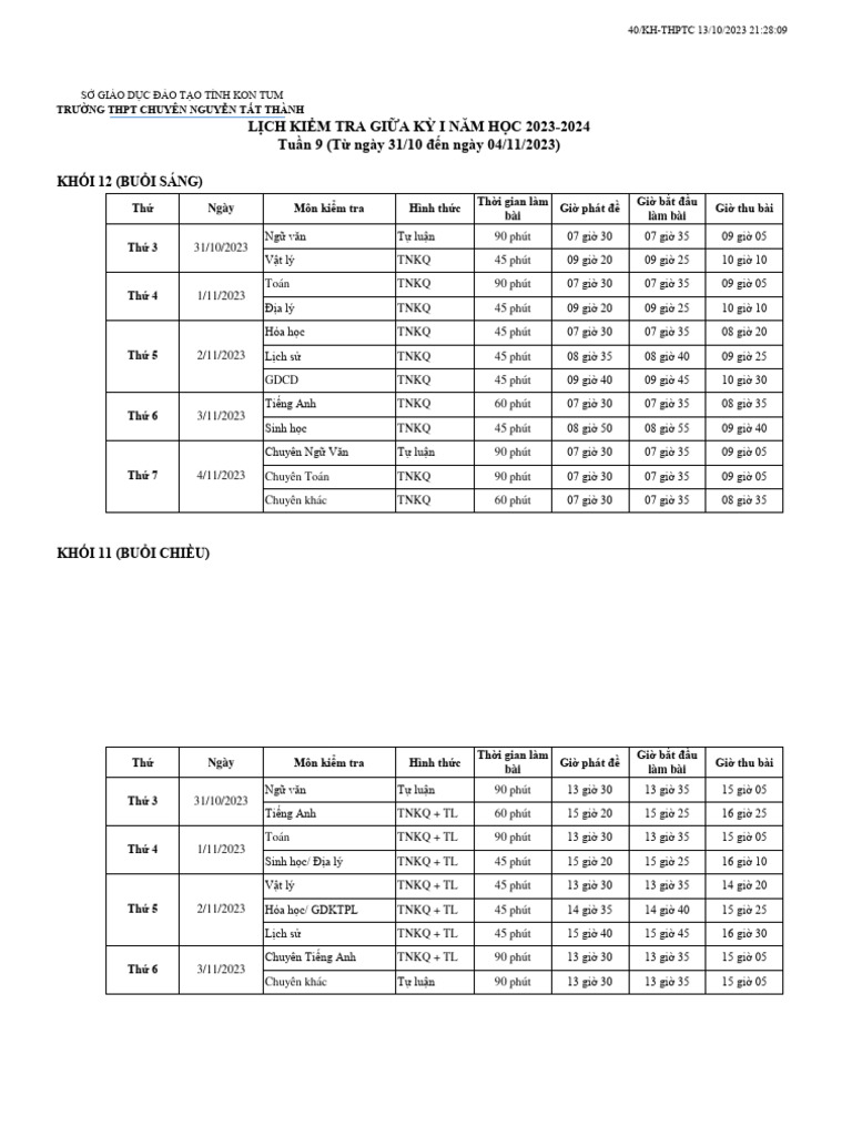 Lich KT GK1 2023 2024 | PDF
