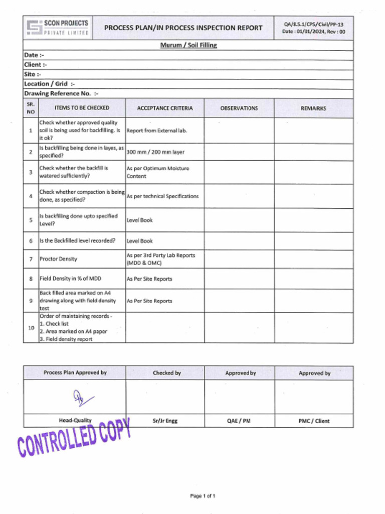 PP-13 - Civil Checklist - Murrum, Soil Filling | PDF