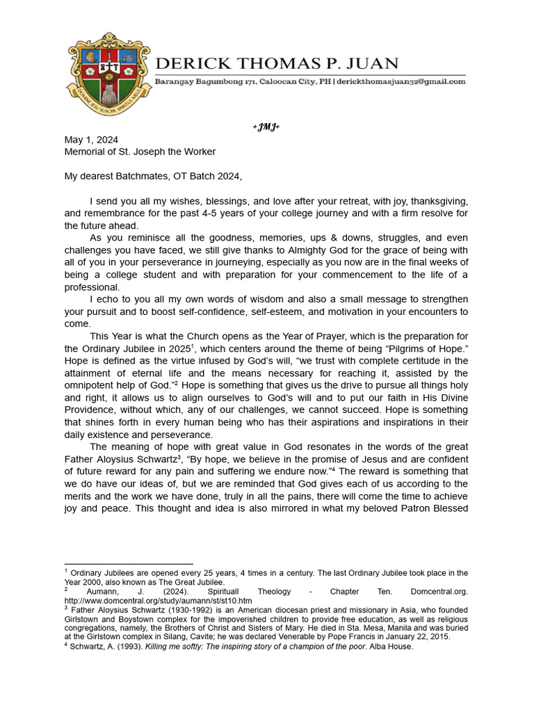 Retreat Letter To My 2024 Batchmates | PDF | Occupational Therapy | Hope