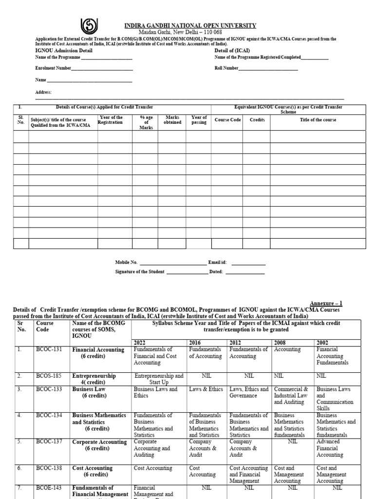 4 - Proforma For Transfer of External Credits From ICAI (ICWAI) To BCOM ...