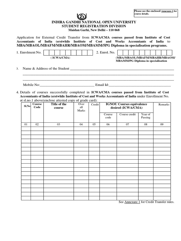 Proforma For Transfer of External Credits From ICAI (ICWAI) To MBA ...