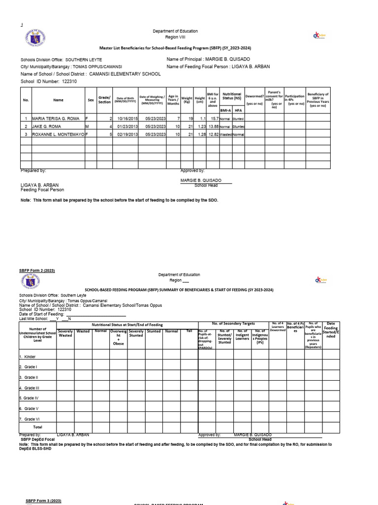 SBFP-Forms-1-6-2023 | Download Free PDF | Human Body Weight | Epidemiology