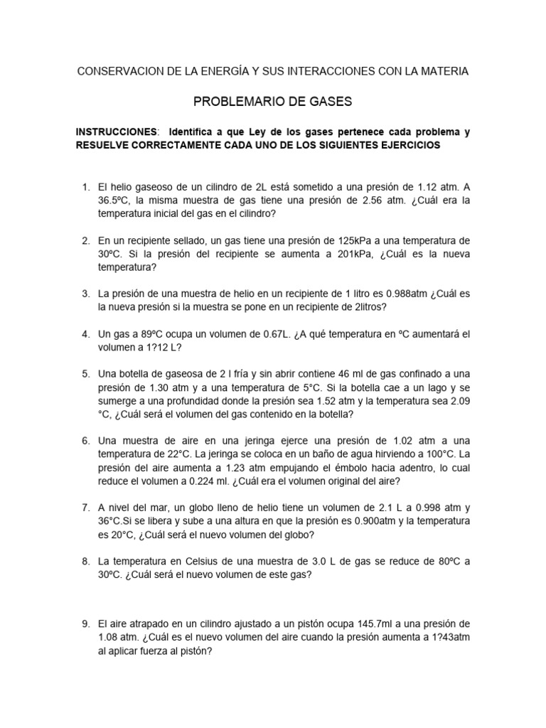 Problemario Leyes de Gases Progresion 12 y 13 | PDF | Gases | Helio