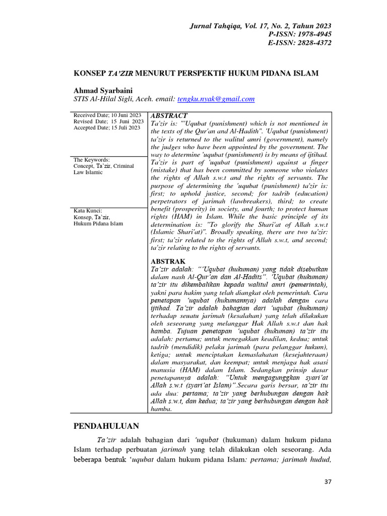 Konsep Ta'zir dalam Hukum Pidana Islam | PDF | Agama & Spiritualitas