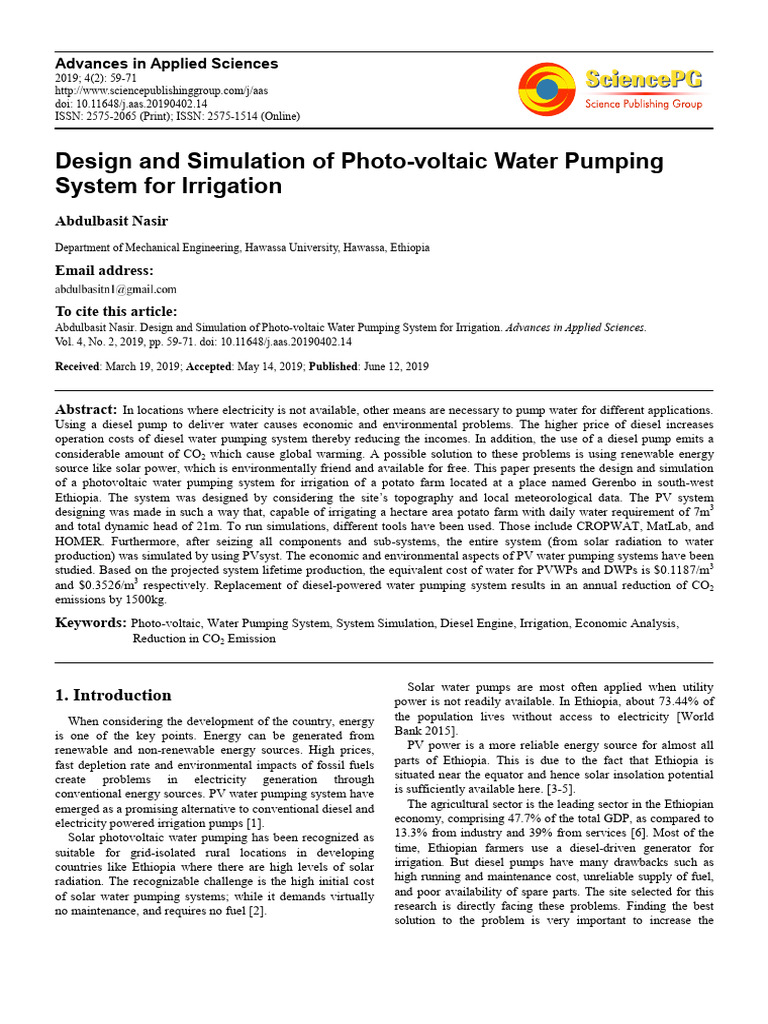 Design and Simulation of Photo-Voltaic Water Pumping System for Irrigation | Download Free PDF ...