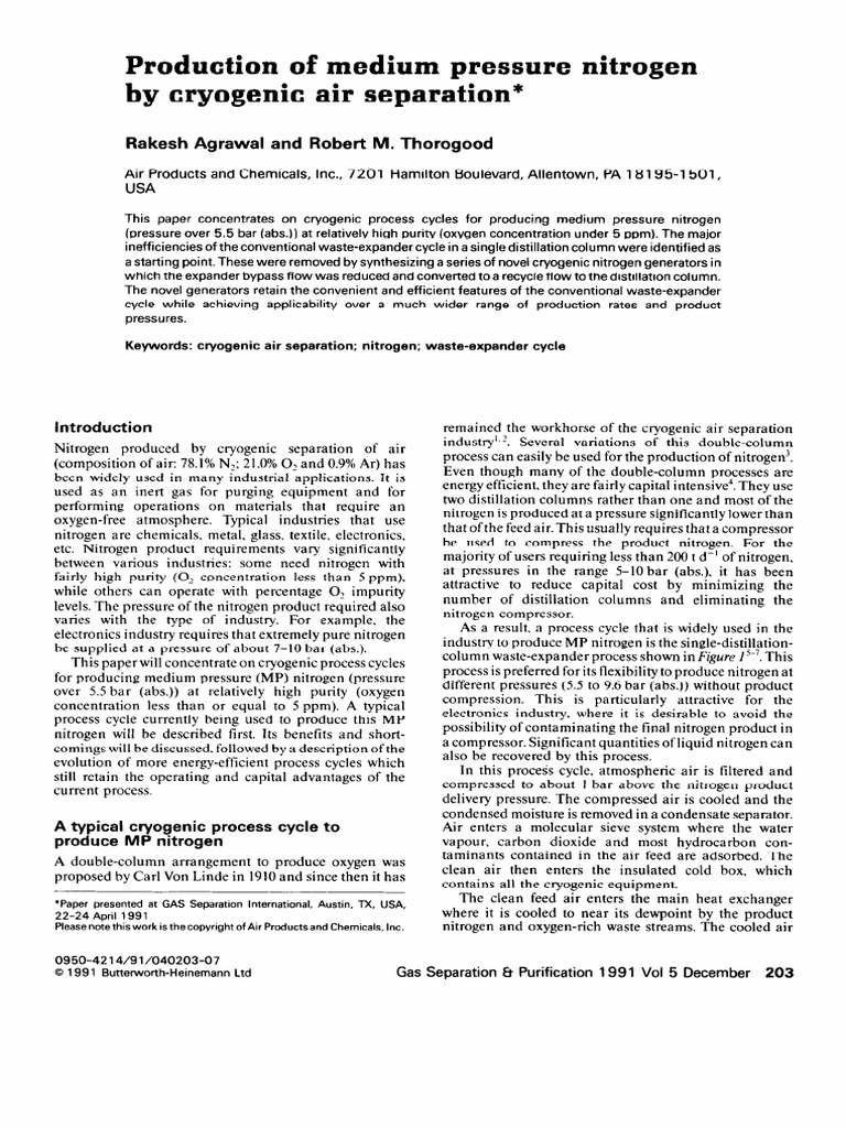 Production of Medium Pressure Nitrogen by Cryogenic Air Separation ...