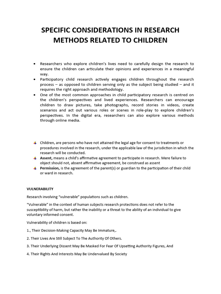 Specific Considerations in Research Methods Related To Children | PDF ...