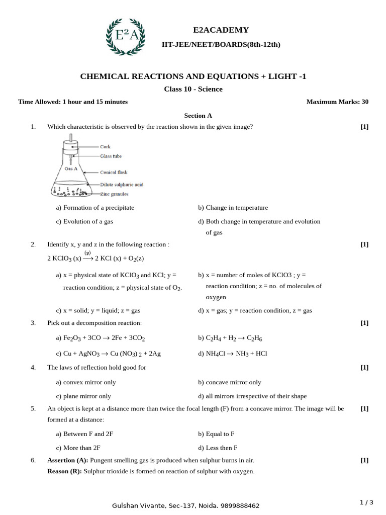 Chemical Reactions + Light - 1 Test | PDF | Chemical Reactions | Gases