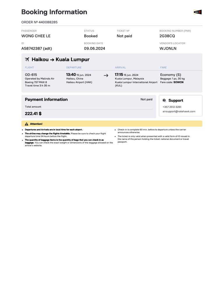Booking Information 440088285 en 2102620809 | PDF | Transport | Aviation