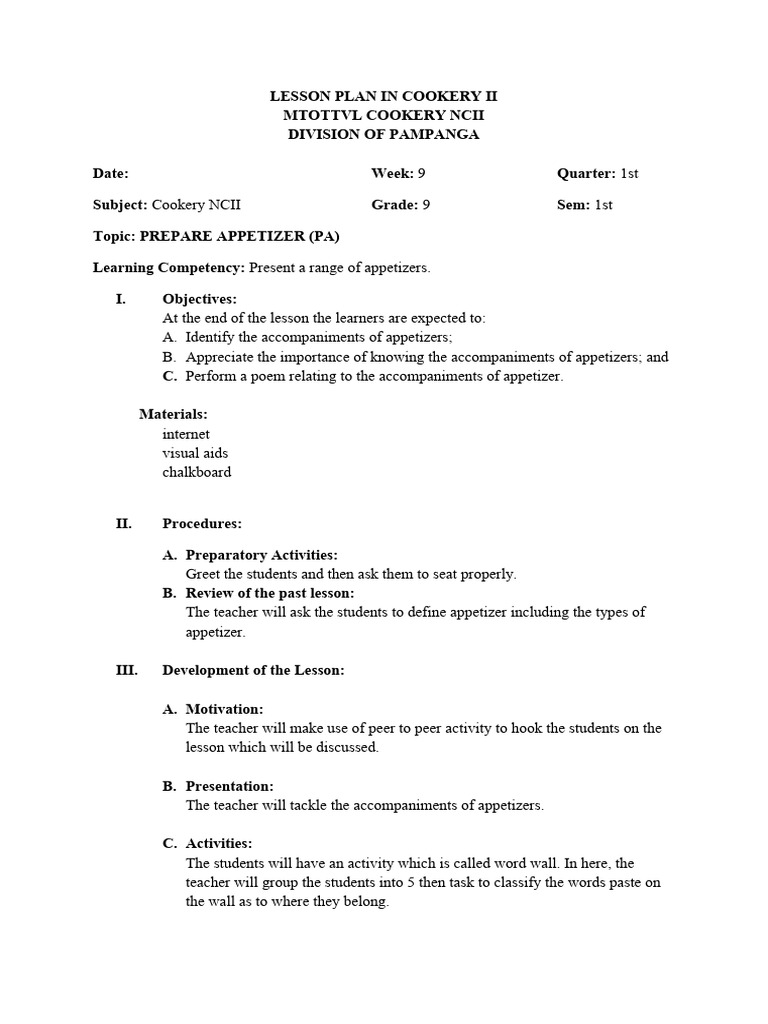 SHS Detailed Lesson Plan in Cookery Ii | PDF | Lesson Plan | Teachers