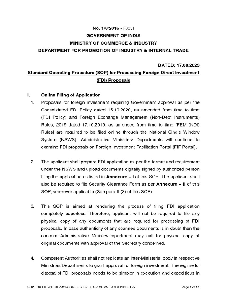 Sop For Filing Fdi Proposals by Dpiit, M/O Commerce& Industry Page 1 of ...