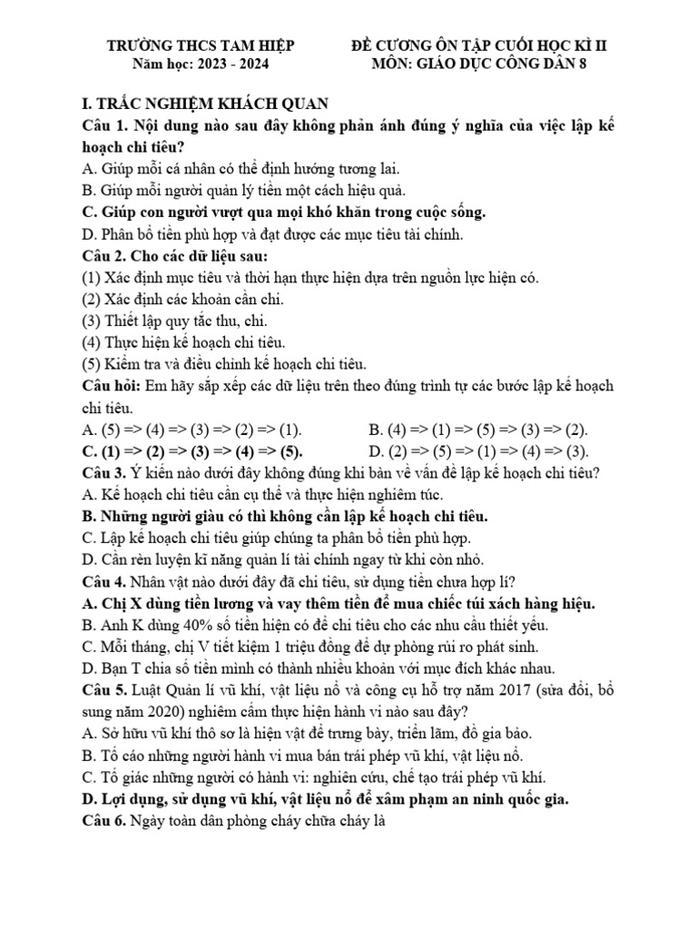 Đề cương cuối kì 2 GDCD 8 | PDF