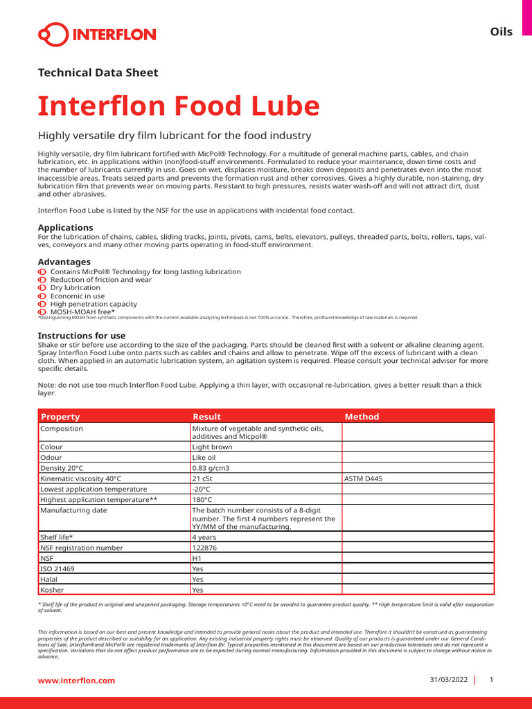 8195 TDS GB en Interflon Food Lube | PDF | Lubricant | Materials