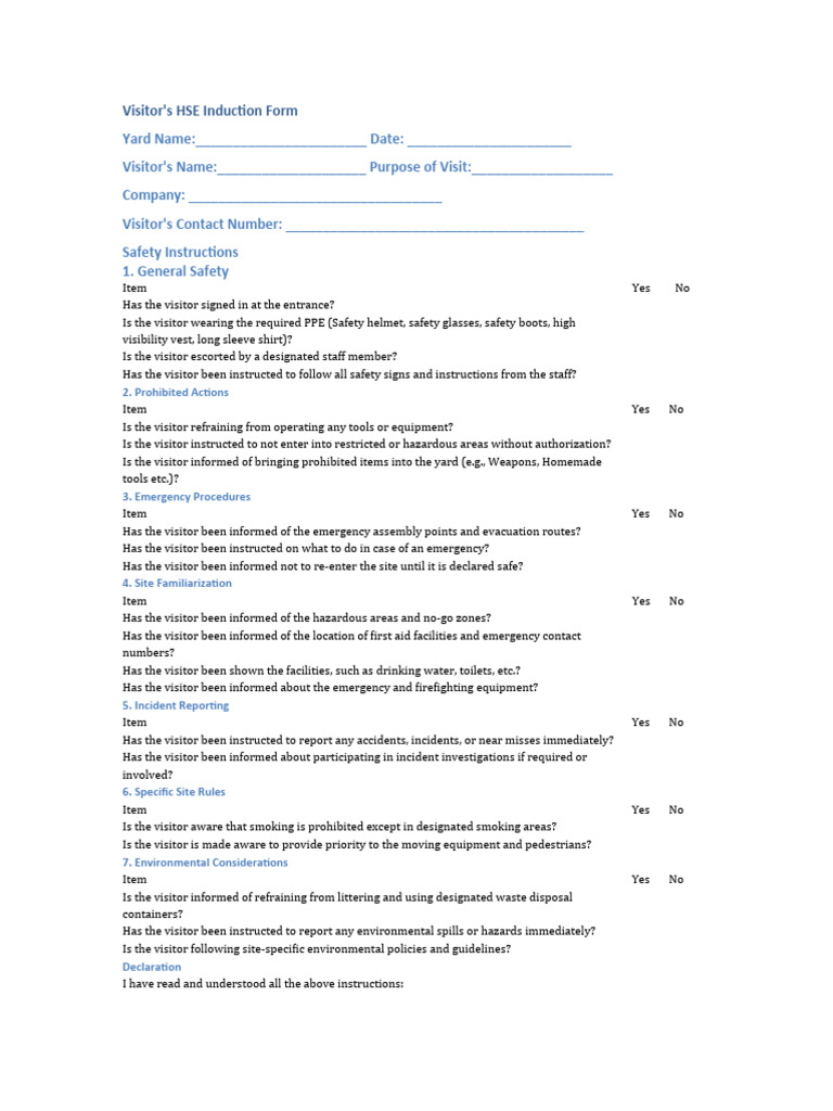 Visitor HSE Induction Form With Categories | PDF | Emergency ...