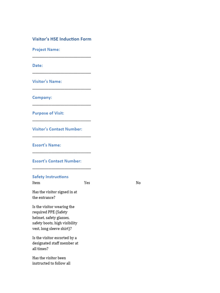 Visitor HSE Induction Form With Questions | PDF | Emergency | Safety