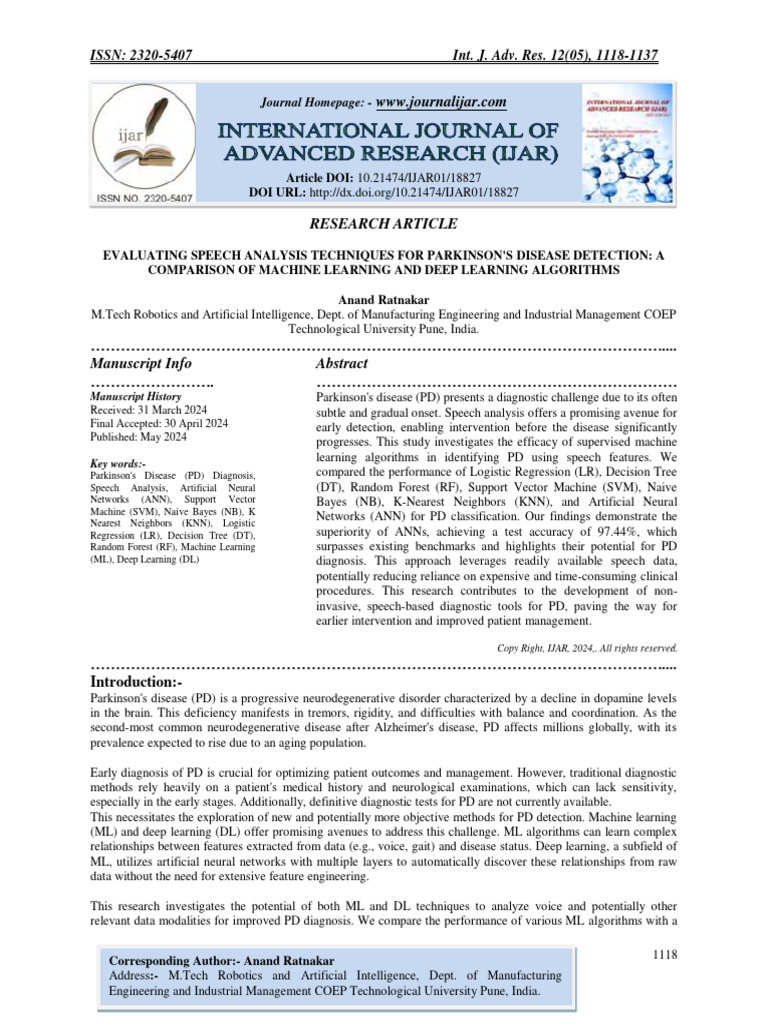 EVALUATING SPEECH ANALYSIS TECHNIQUES FOR PARKINSONS DISEASE DETECTION ... EVALUATING SPEECH ANALYSIS TECHNIQUES FOR PARKINSONS DISEASE DETECTION ...