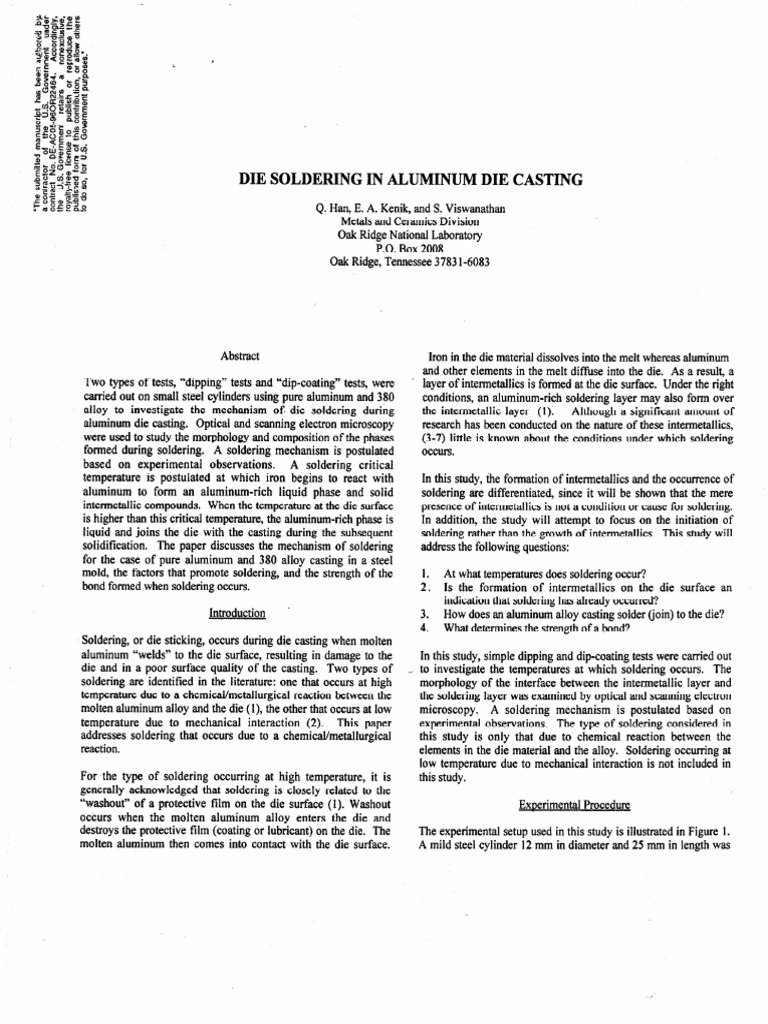 DIE SOLDERING IN ALUMINUM DIE CASTING | PDF | Soldering | Alloy