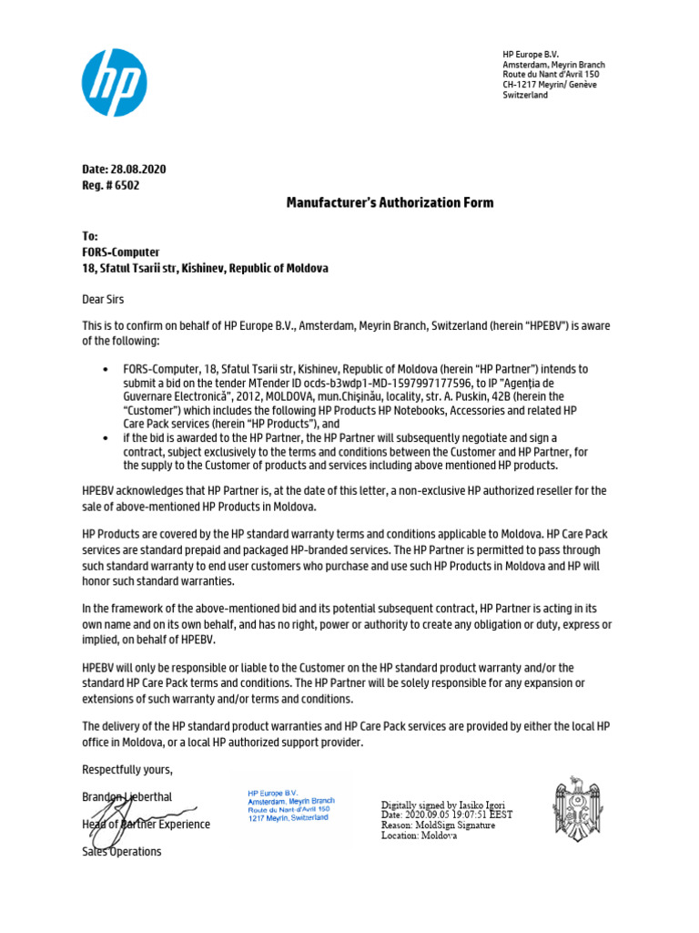 HP Authorization for FORS-Computer Bid | PDF | Contractual Term ...