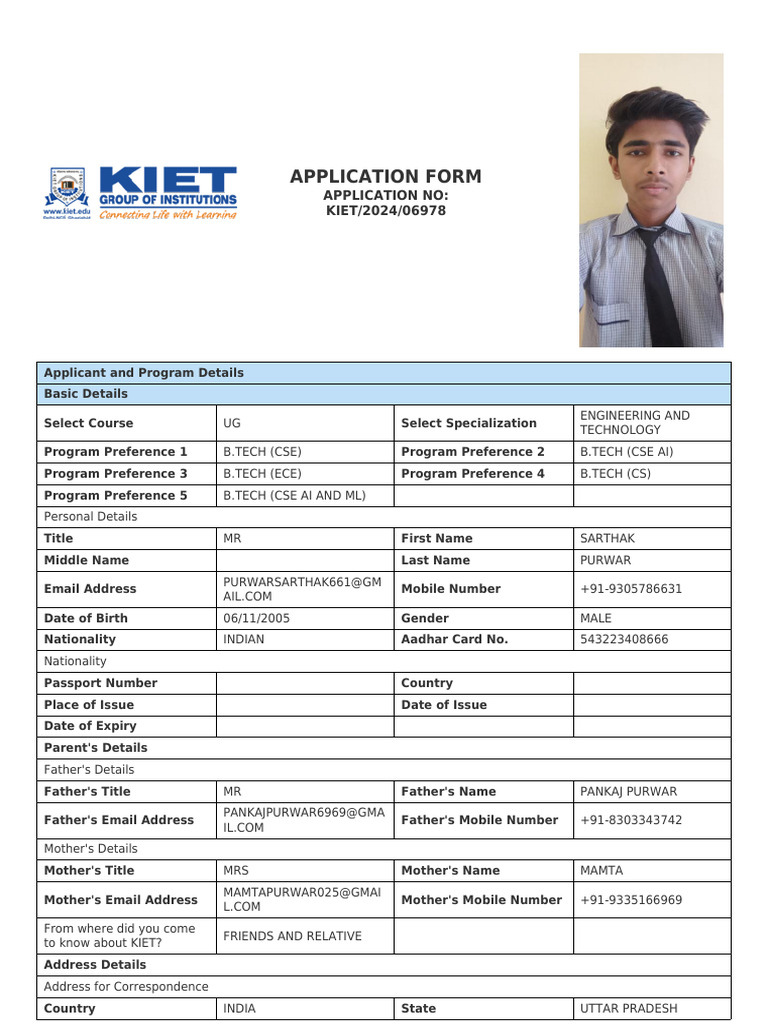 Application Form KIET 2024 06978 | PDF | Qualifications | Educational ...