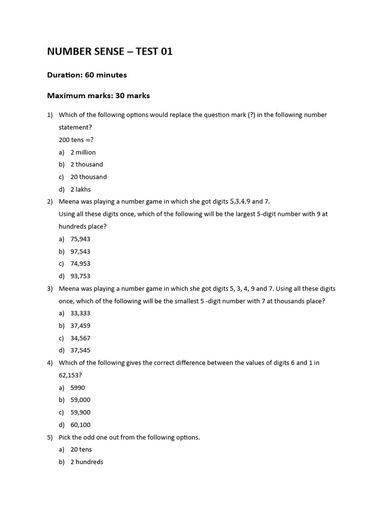 Number Sense-Test 1 | PDF | Numbers | Lexicology