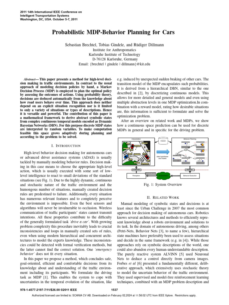 Probabilistic MDP-behavior Planning For Cars | PDF | Applied Mathematics
