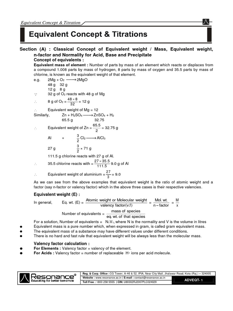 Equivalent Concept - Titration Theory | PDF | Titration | Chemistry