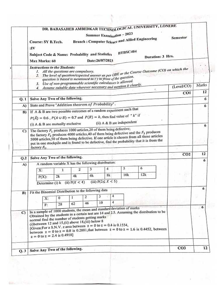 Probability and Statistics 2023 PYQ | PDF